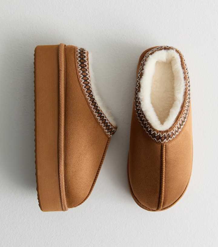 Tan Woven Trim Faux Fur Lined Slippers | New Look