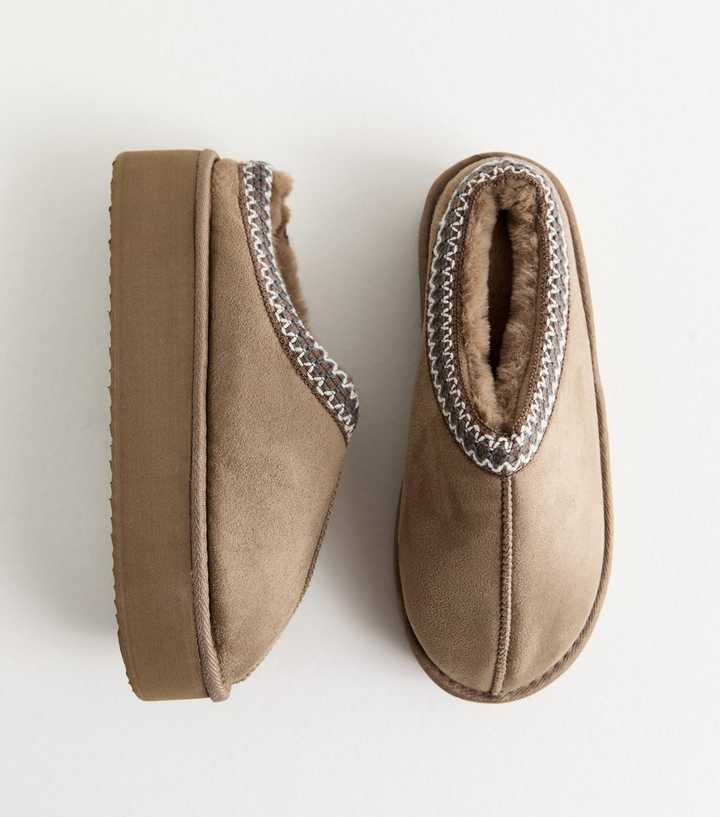 Camel Woven Trim Faux Fur Lined Slippers | New Look