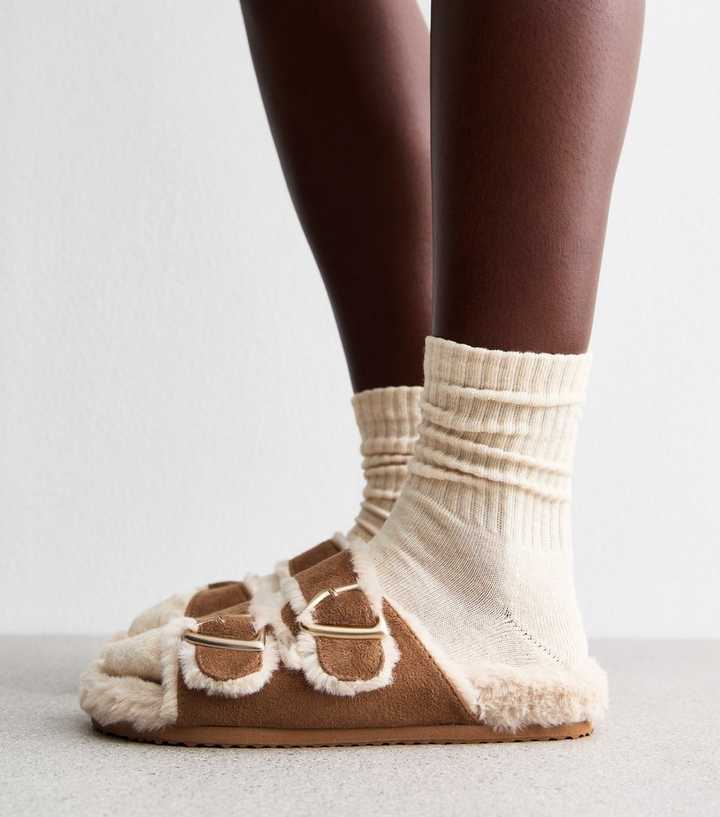 Tan Faux Fur Suedette Double Strap Slippers | New Look