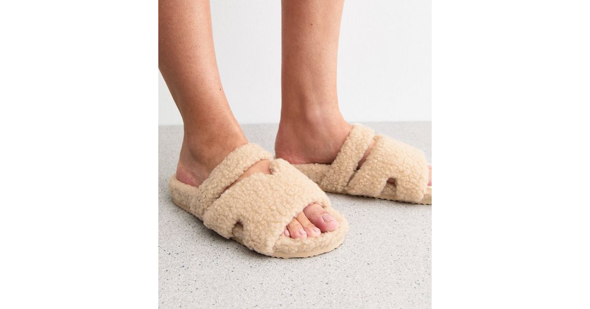 Off White Borg Slider Slippers | New Look