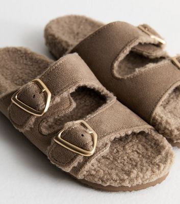 Brown Borg Buckled Double Strap Slider Slippers | New Look