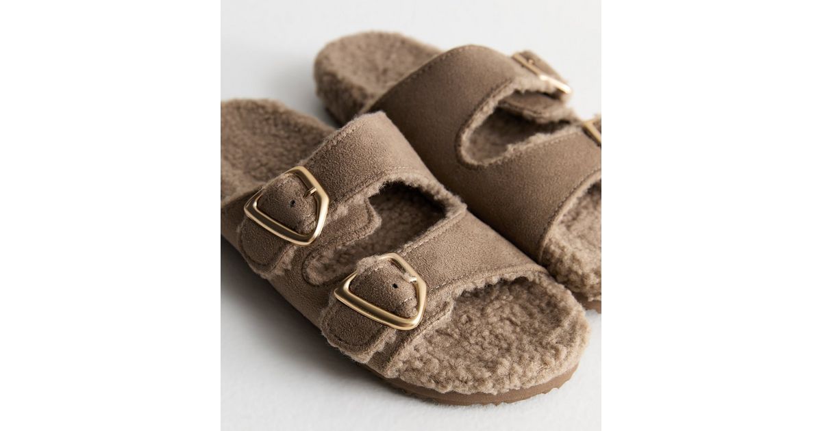 Brown Borg Buckled Double Strap Slider Slippers | New Look