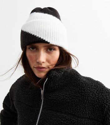 Black Colour Block Ribbed Knit Beanie | New Look