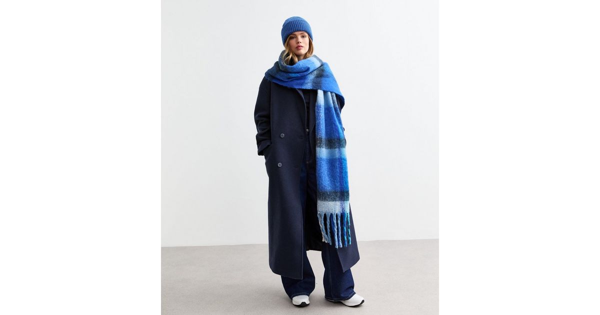 Blue Heavyweight Checked Fringed Scarf | New Look