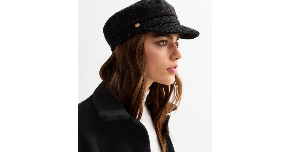 Black Bouclé Sparkle Baker Boy Hat | New Look