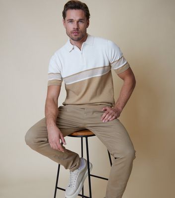 Threadbare Stone Colourblock Knit Zip Polo Shirt | New Look