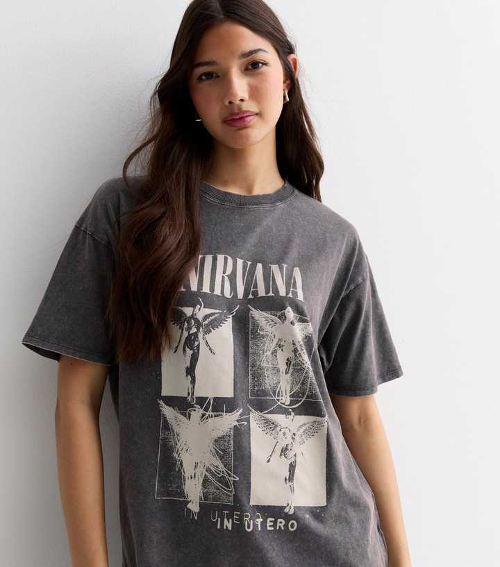 Dark Grey Acid Wash Cotton Nirvana Logo Oversized T-Shirt | New Look