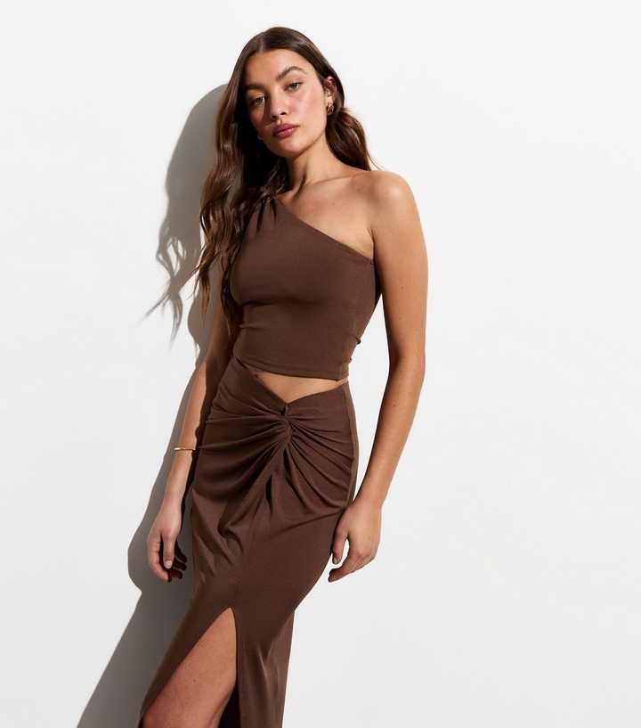 Dark Brown One Shoulder Crop Top | New Look