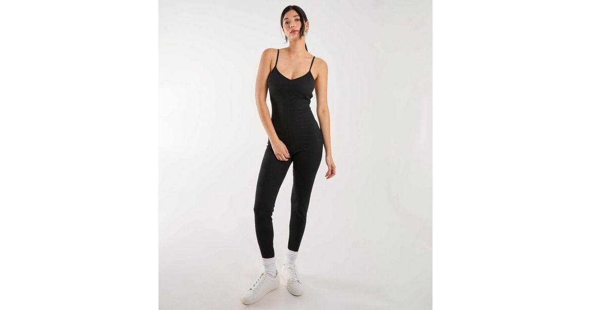 Pink Vanilla Black Ribbed Strappy Unitard | New Look