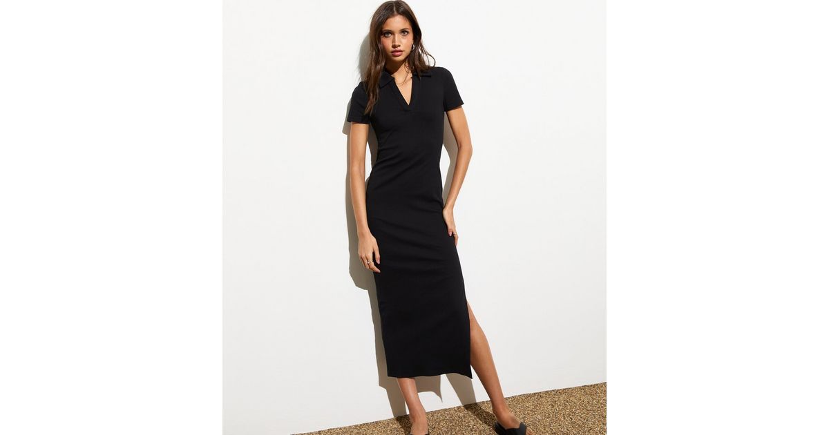 Black Ribbed Stretch Cotton Collared Midi Dress | New Look