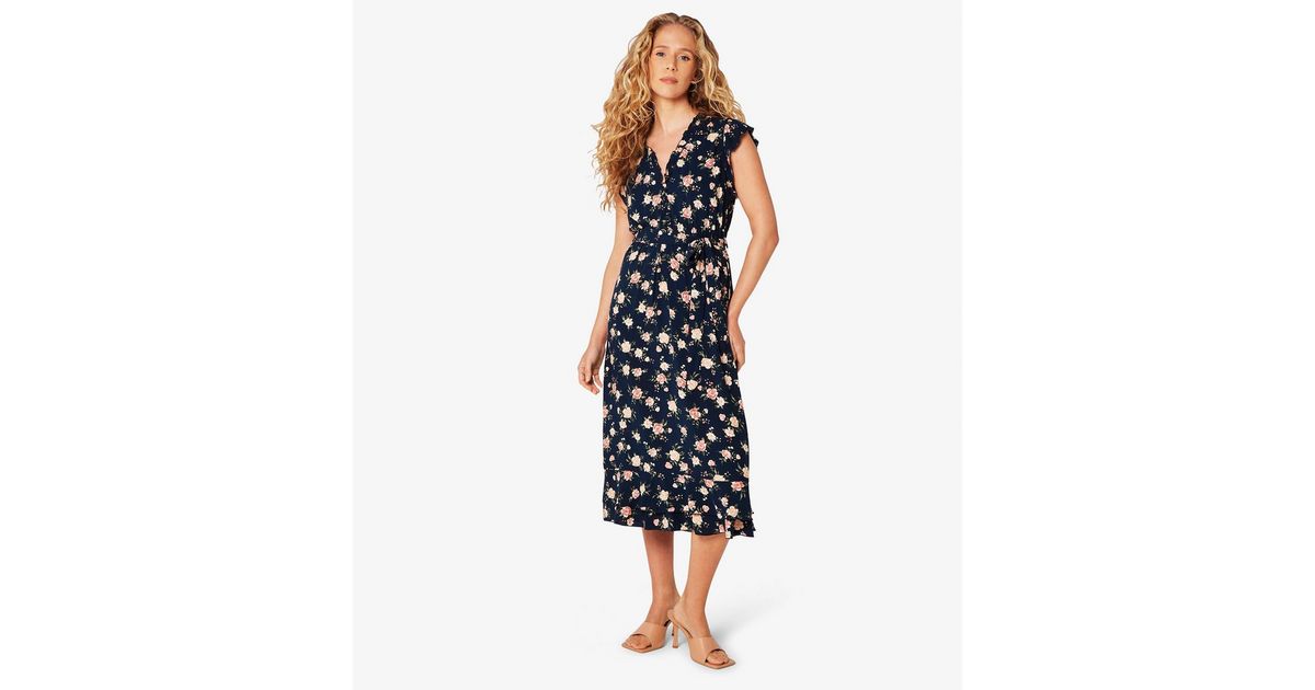 Apricot Navy Floral Print Sleeveless Ruffle Midi Dress New Look