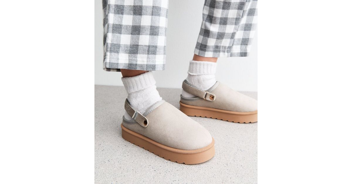 Grey Back Strap Faux Fur Lined Mule Slippers | New Look