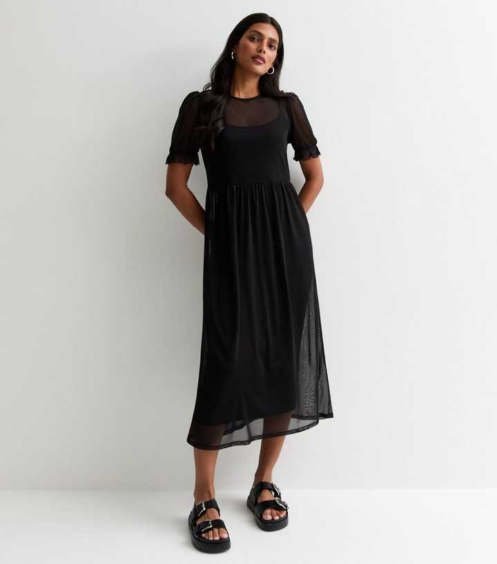 Black Mesh Midi Smock Dress | New Look