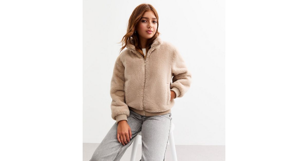 Girls Stone Faux Fur Zip-Up Coat | New Look