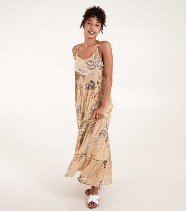 Blue Vanilla Cream Cotton Tropical Leaf Print Tiered Maxi Dress | New Look