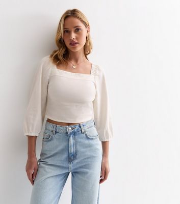 ONLY Off White Square Neck Linen Blend Top | New Look