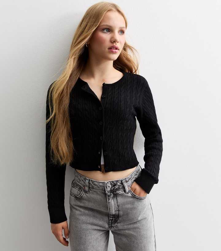 Girls Black Cotton Cable Knit Crew Neck Cardigan | New Look