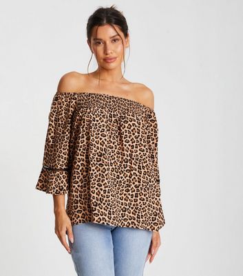 QUIZ Brown Leopard-Print Bardot Top | New Look