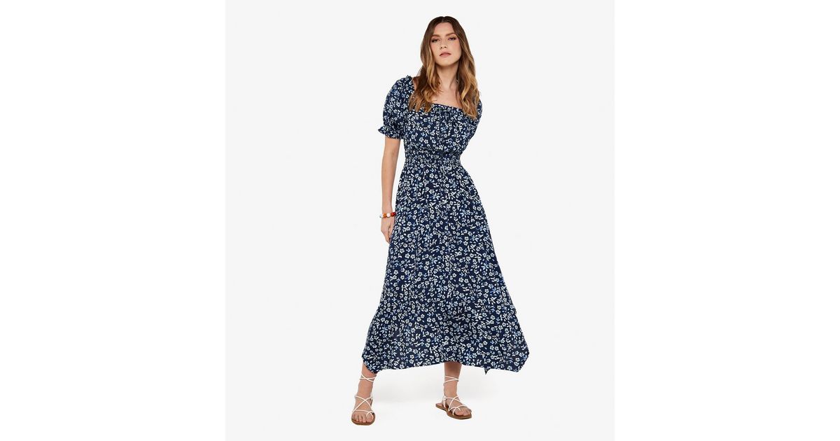 Apricot Navy Floral Milkmaid Midi Dress New Look