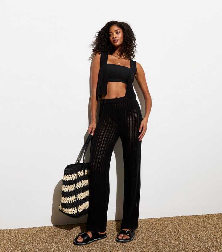 Black Pointelle Cotton-Blend Flared Trousers | New Look