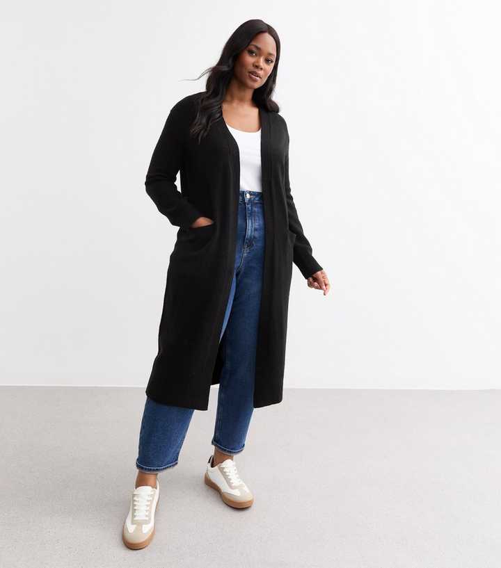 Curves Black Open Front Midi Cardigan | New Look