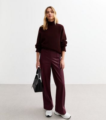 Burgundy Faux Leather Pintuck Wide Leg Tailored Trousers New Look