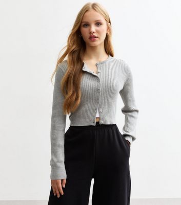 Girls Grey Ribbed Cotton Crew Neck Cardigan | New Look