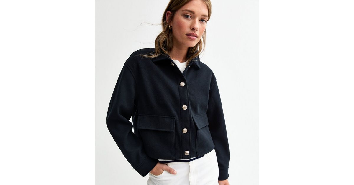 Navy Textured Crop Shacket | New Look