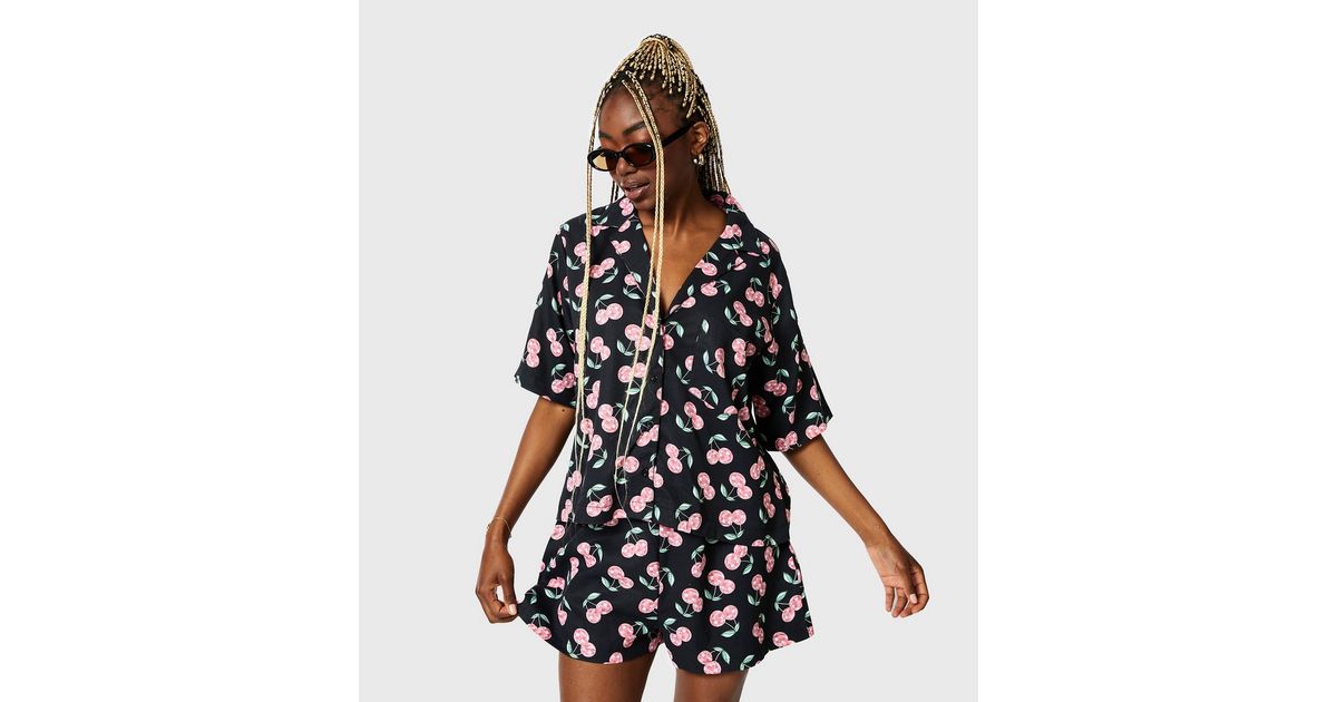 Skinnydip Black Cotton-Blend Disco Cherry Print Shirt | New Look