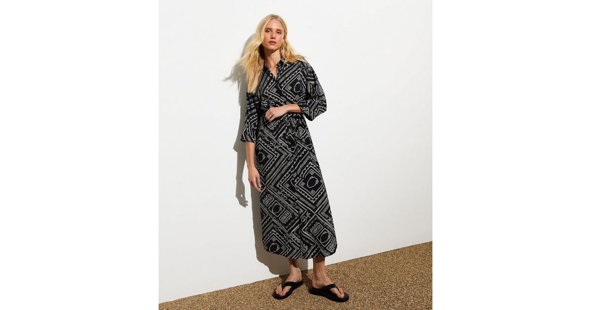 Black Patterned Belted Midi Shirt Dress | New Look