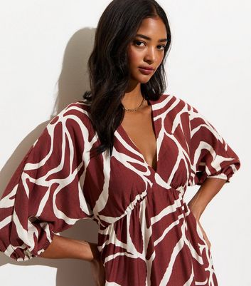 Brown Abstract-Print V-Neck Smock Midi Dress | New Look