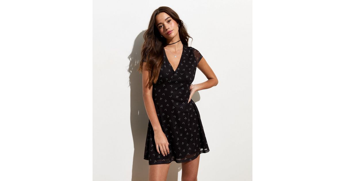 Black Mesh Bow Print V Neck Mini Dress | New Look