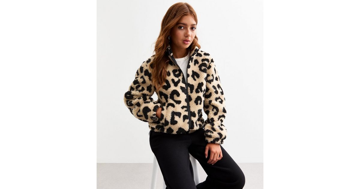 Girls Stone Leopard Print Borg Jacket | New Look