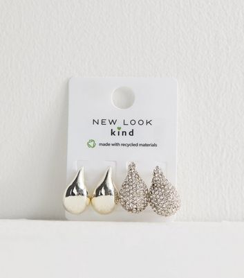 2 Pack Silver Plain and Diamanté Teardrop Stud Earrings | New Look