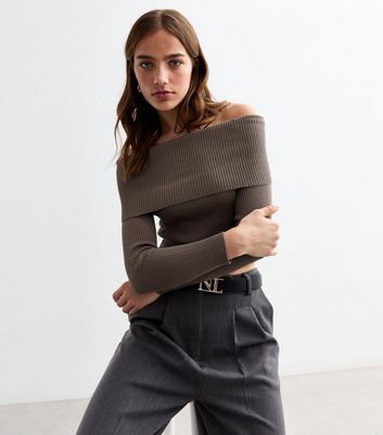 Brown Rib Knit Foldover Bardot Jumper | New Look