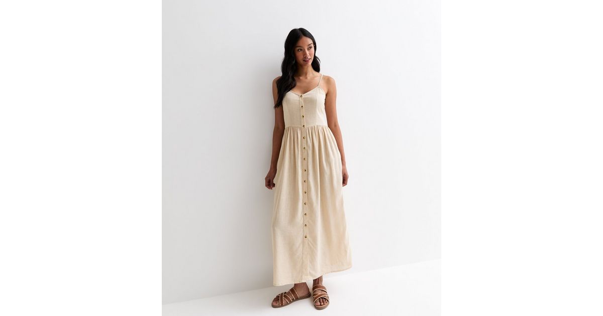 ONLY Pale Grey Linen-Blend Dress Button Through Strappy Maxi Dress ...