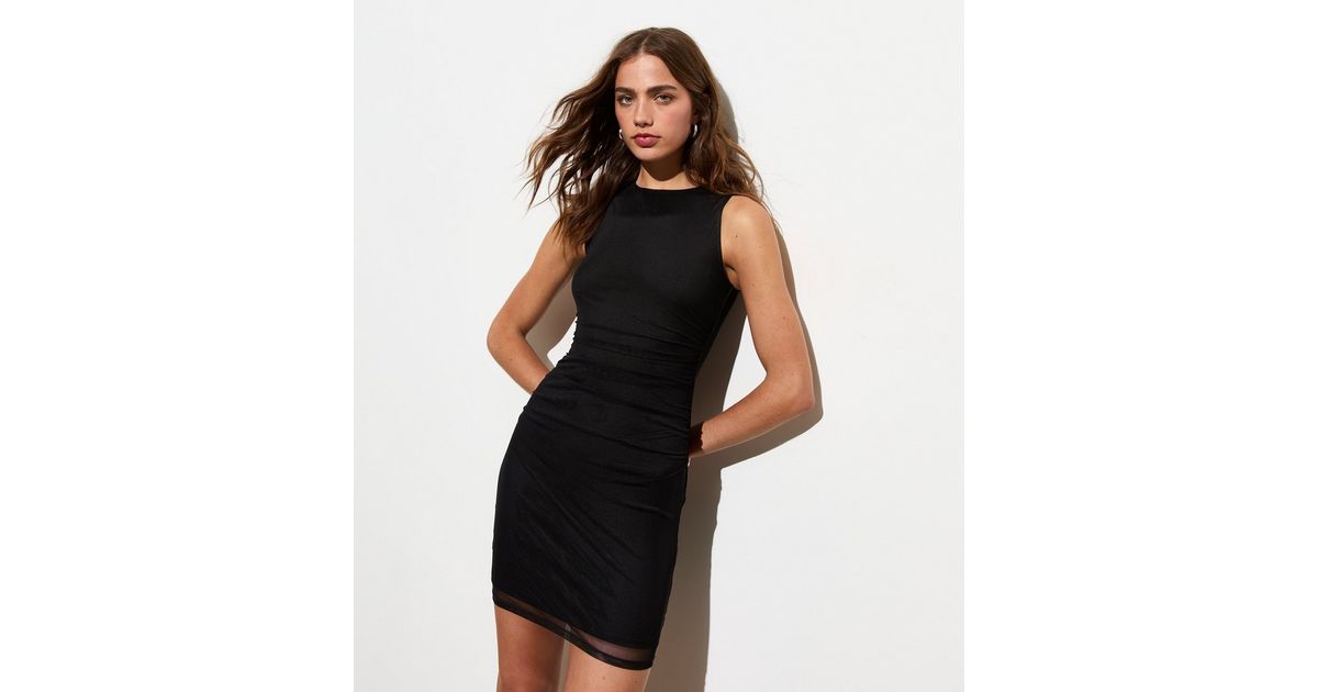 Black Mesh Ruched Sleeveless Mini Dress | New Look