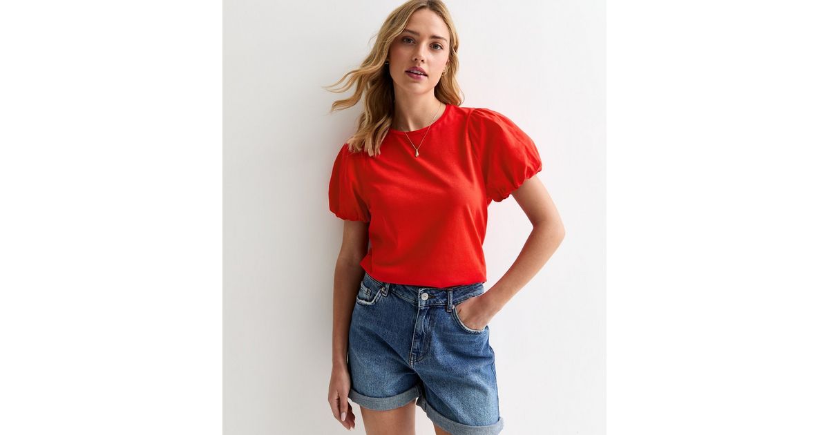 Red Puff-Sleeve Cotton T-Shirt | New Look