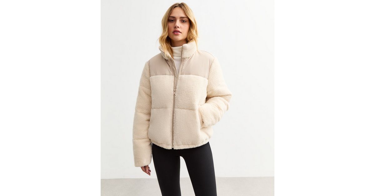 Cream Borg Panelled Puffer Jacket | New Look