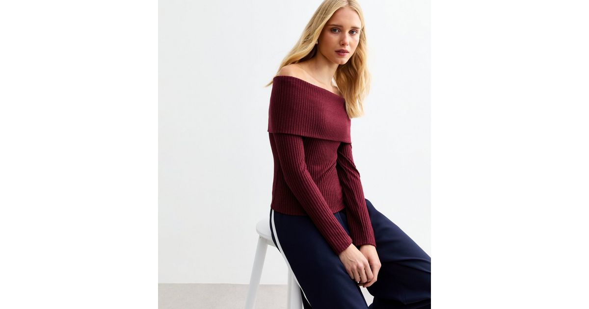 Burgundy Ribbed Bardot Jumper | New Look