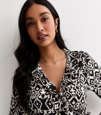 Gini London Black Abstract Print Frill Wrap Mini Dress | New Look