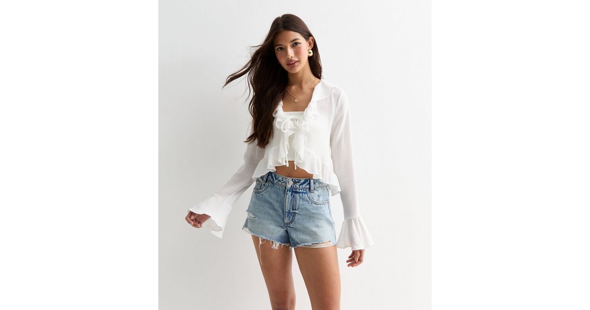 White Crinkled Ruffle-Trim Long-Sleeved Top | New Look