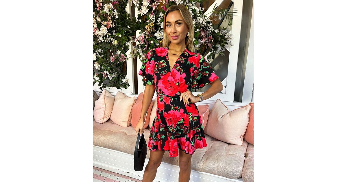 AX Paris Red Floral Mini Wrap Skater Dress | New Look