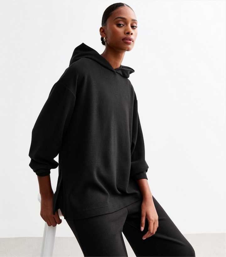 Black Ribbed Long Sleeve Hooded Top | New Look