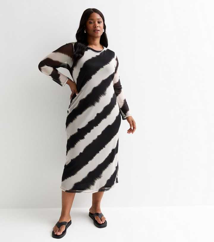 Curves Black Diagonal Stripe Mesh Midi Dress | New Look