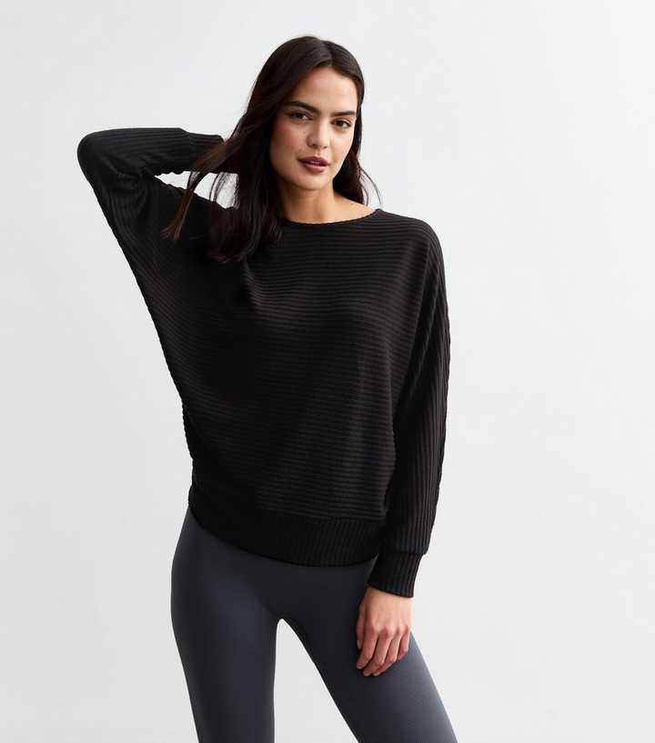 Black Ribbed Soft Touch Batwing Sleeve Top | New Look