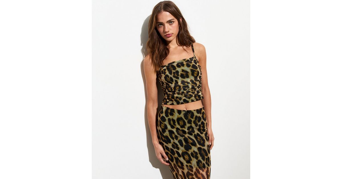 Brown Ruched Side Cropped Leopard Print Cami Top | New Look