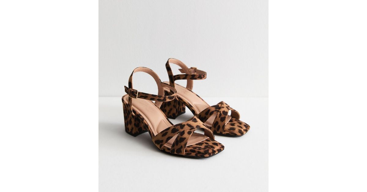 Wide Fit Stone Leopard-Print Block-Heel Sandals | New Look