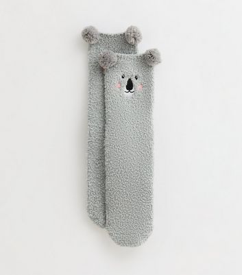 Grey Koala Cosy Socks with Pom Poms | New Look