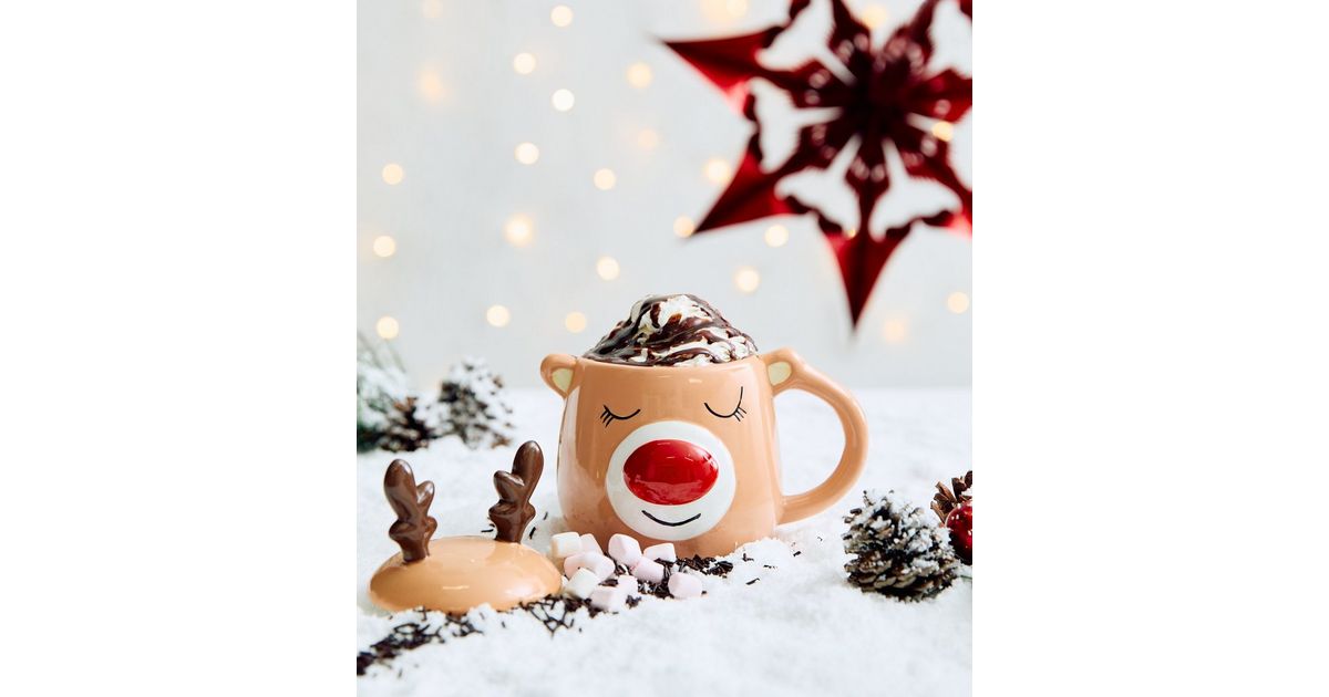 Beige Christmas Ceramic Reindeer Mug With Lid | New Look